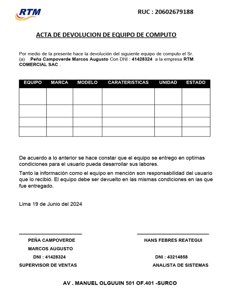 Acta de Devolucion de Equipo de Computo - RTM | PDF