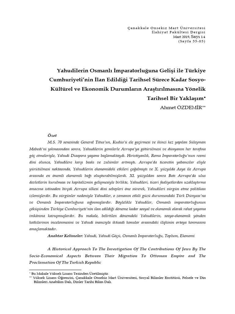 Yahudilerin Osmanl Mparatorlu Una Geli i Ile T Rkiye Cumhuriyeti Nin Lan Edildi i Tarihsel S ...