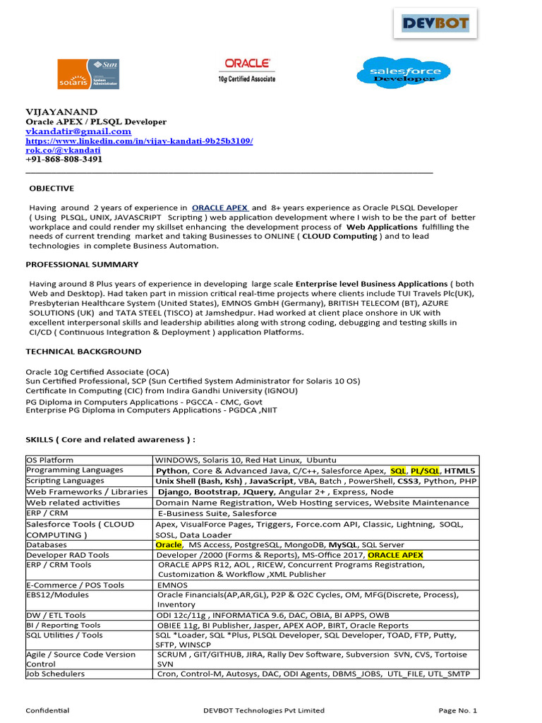Oracle APEX & PLSQL Developer - Vkandati - Remote WFH Only | PDF | Databases | Oracle Corporation