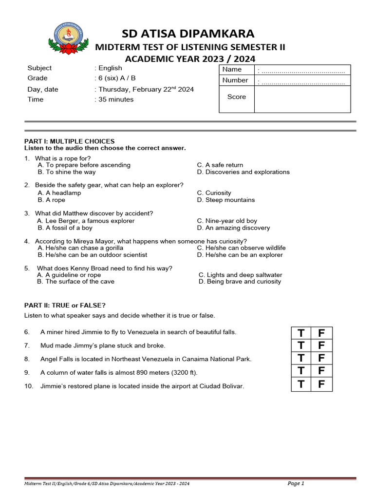 Grade 6 English Listening Midterm Test Pdf