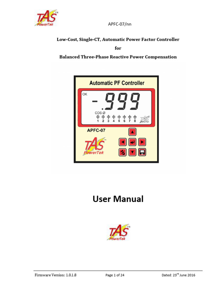 TAS APFC-07 Single CT Low - Cost PF Controller USER MANUAL - Rev Dated ...