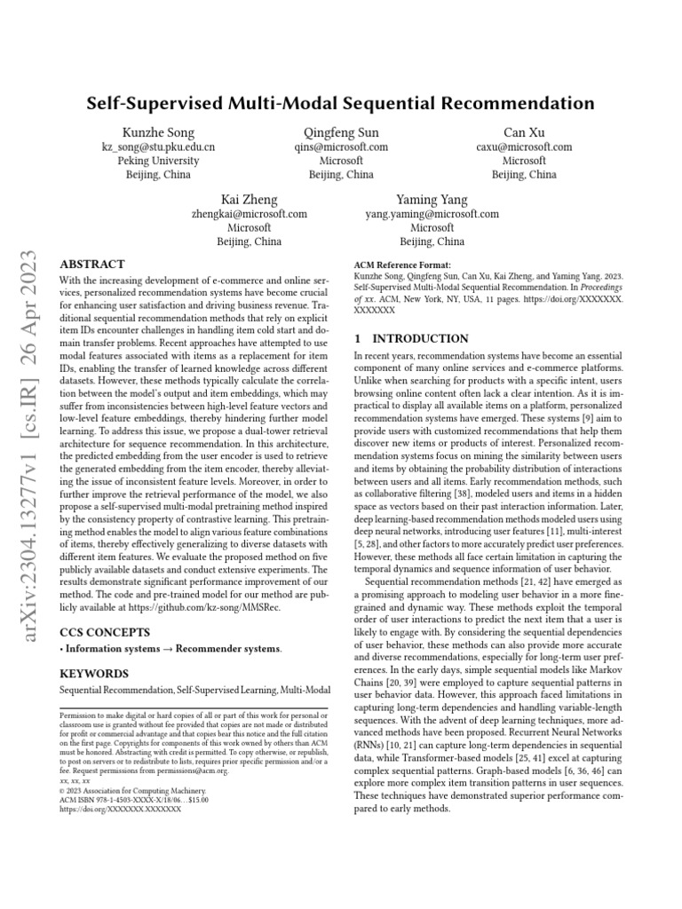 Self Supervised Multi Modal Sequential Recommendation | PDF ...