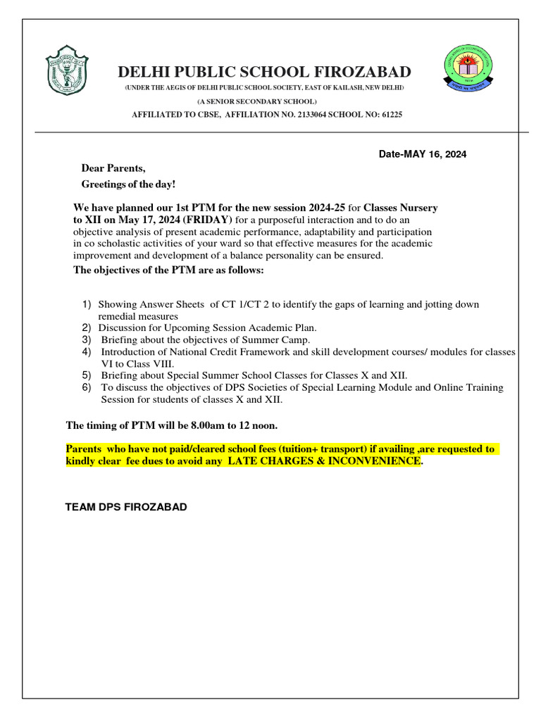 1st PTM CIRCULAR 2024-25 17 May | PDF