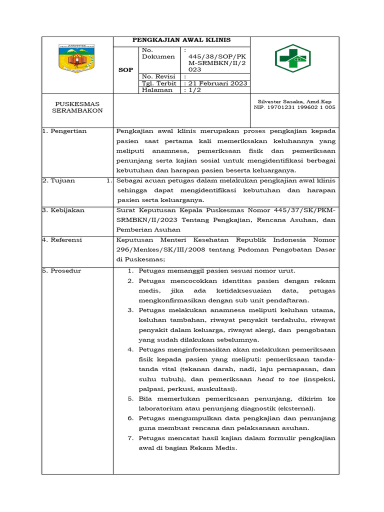 SOP Pengkajian Awal Klinis | PDF | Pengembangan Diri