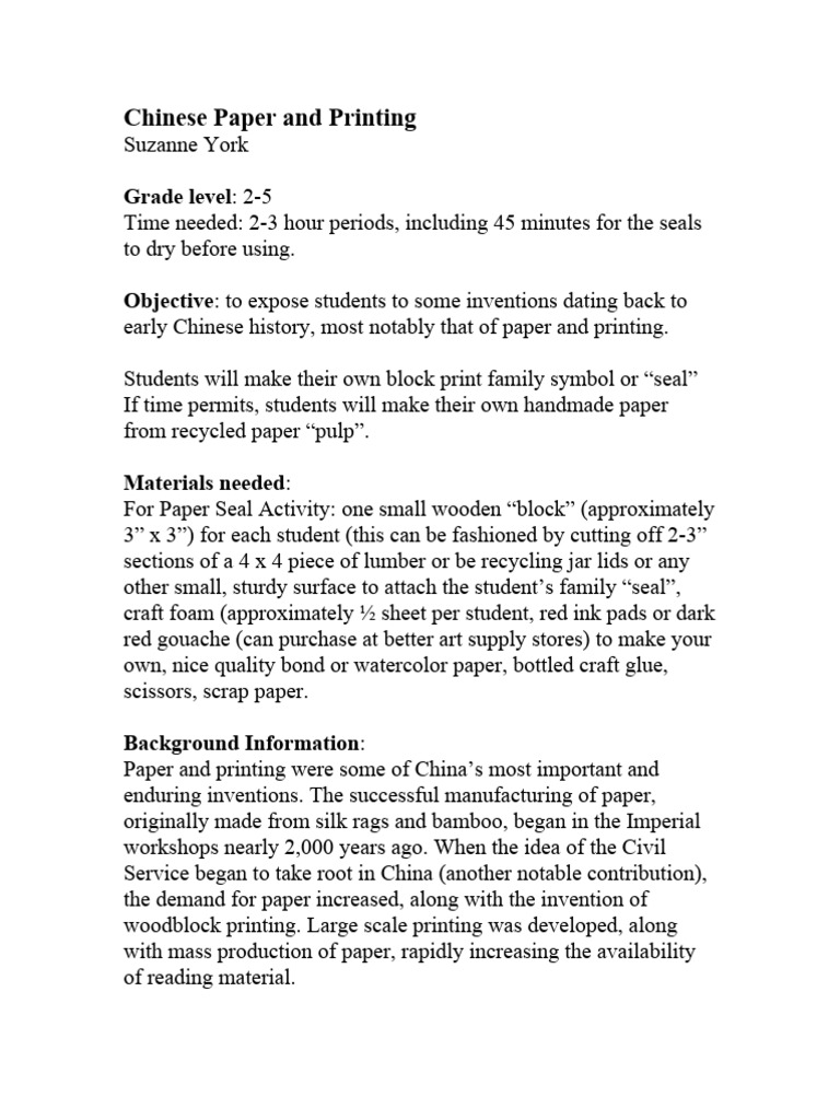 Chinese Paper and Printing Activities | PDF | Paper | Printing