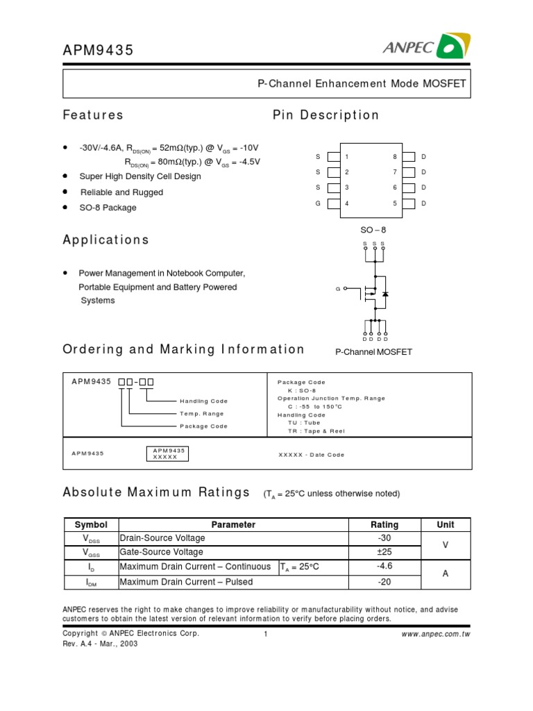APM9435 | PDF | Field Effect Transistor | Electrical Components
