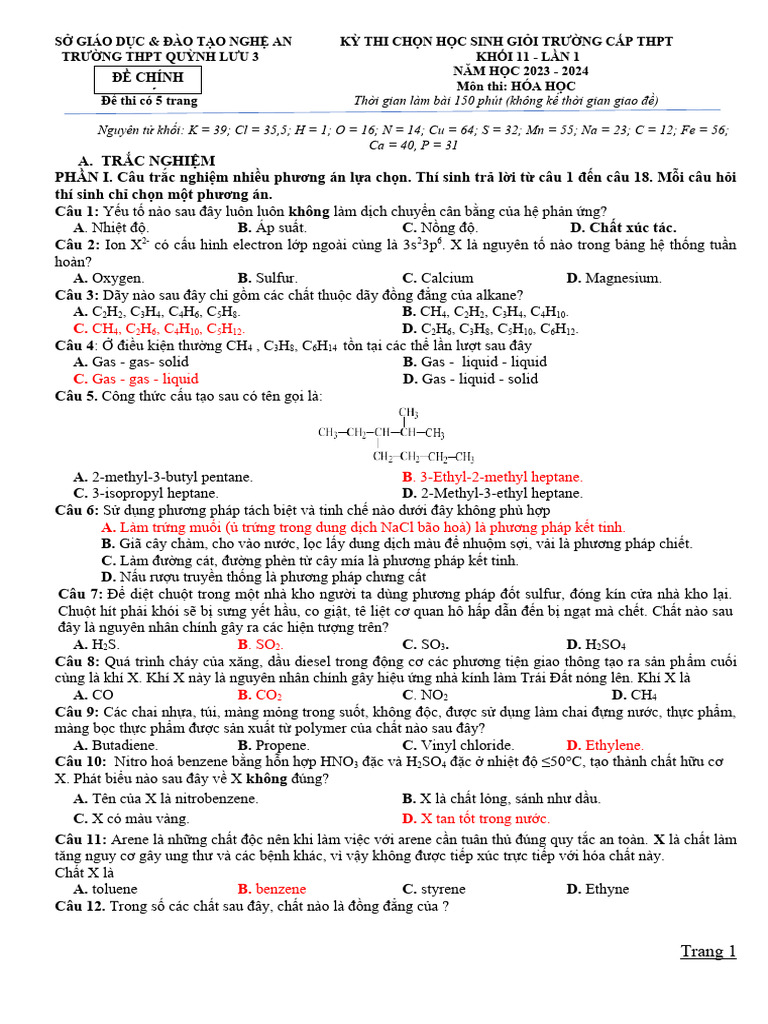 1.2023-2024 - QUỲNH LƯU 3- NGHỆ AN - HSG HH11 (TN+TL) | PDF