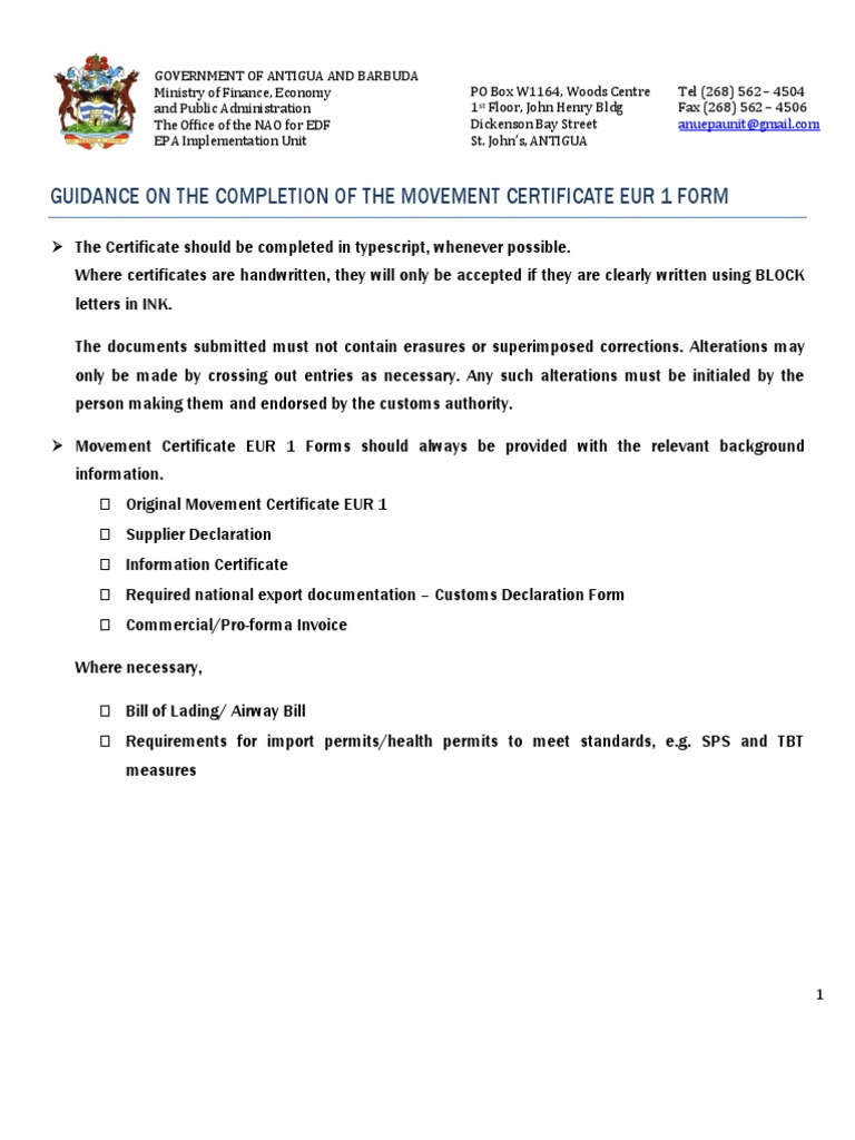 Guidance on the Completion of the Movement Certificate EUR 1 ...
