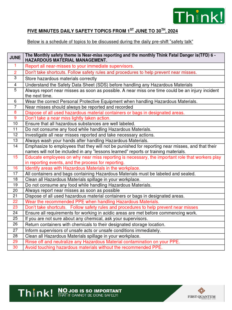 Daily Safety Topics For June, 2024 | PDF | Dangerous Goods | Personal ...