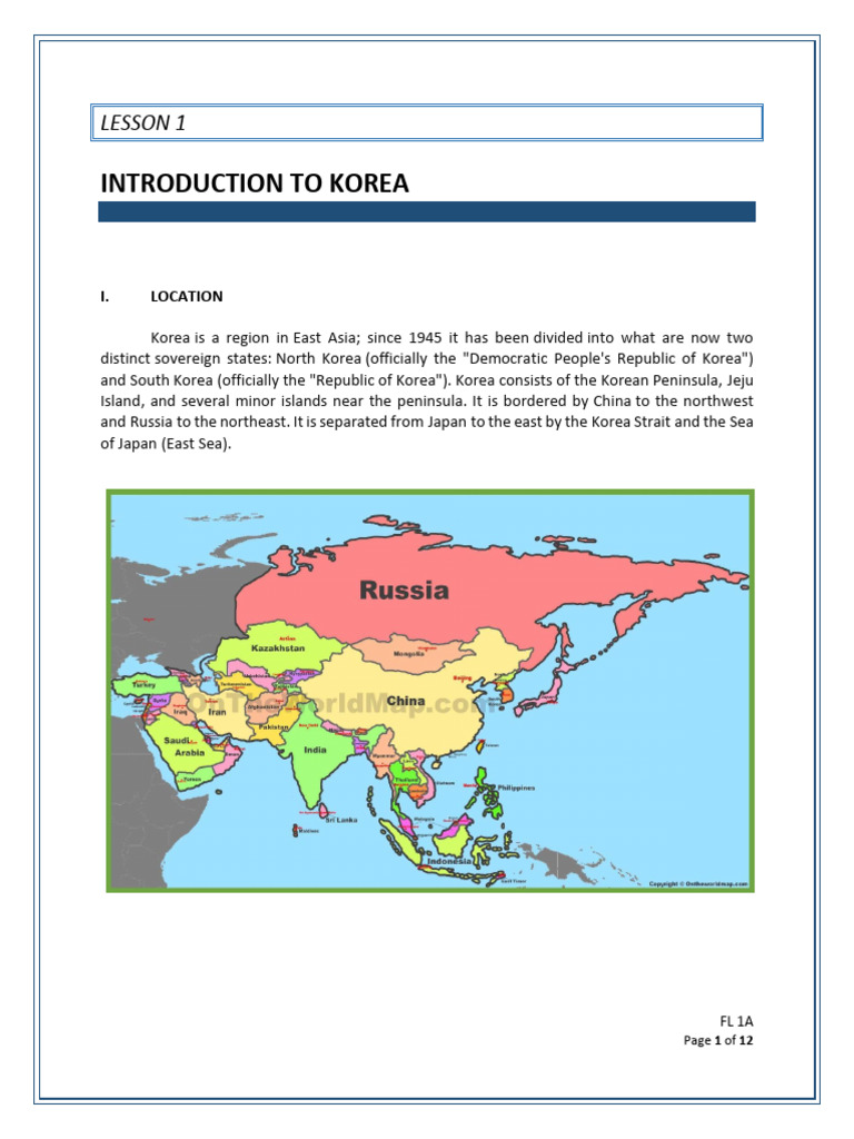 Introduction To Korea: Lesson 1 | PDF | Korea | Korean Language