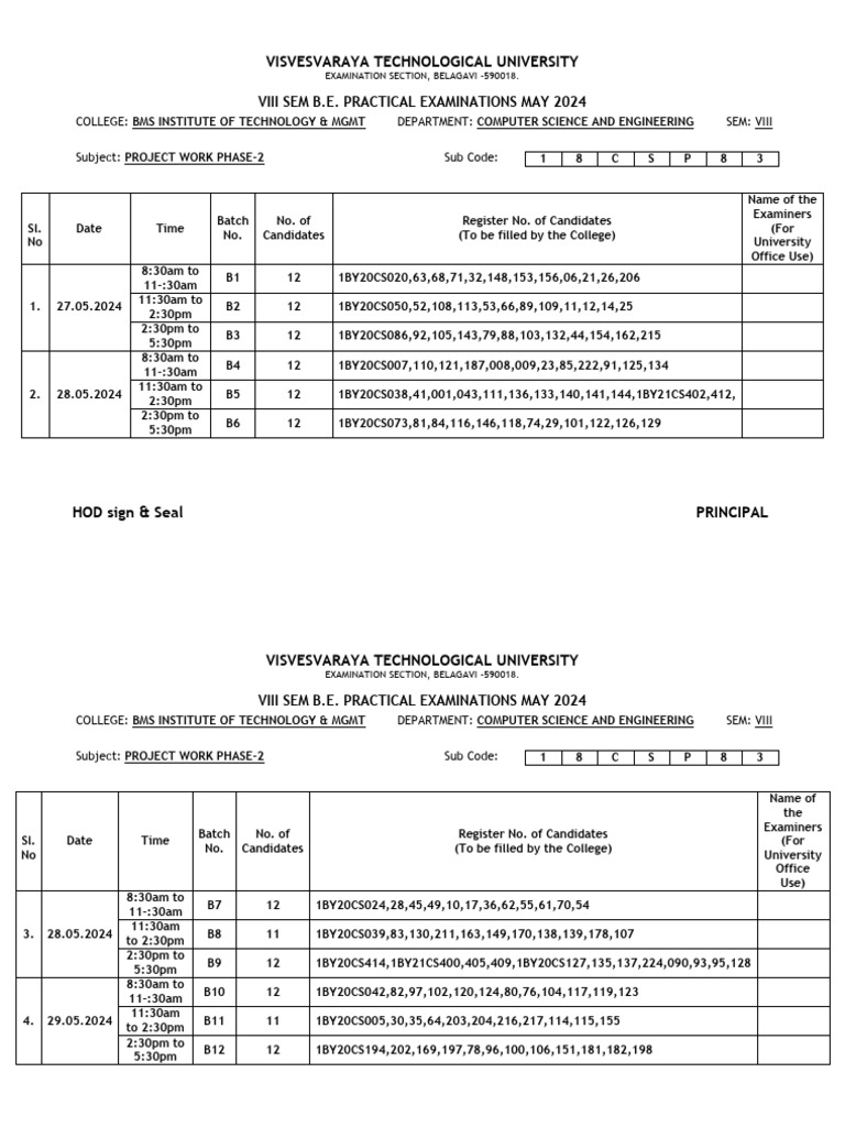 VIII Semester Practical Exam Timetable - Tentative | PDF | Engineering