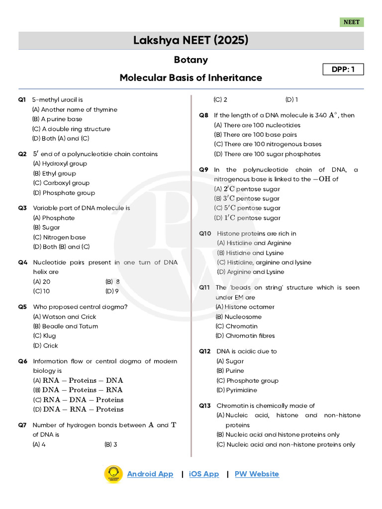 Molecular Basis of Inheritance DPP 01 of Lecture 04 Lakshya NEET ... Molecular Basis of Inheritance DPP 01 of Lecture 04 Lakshya NEET ...