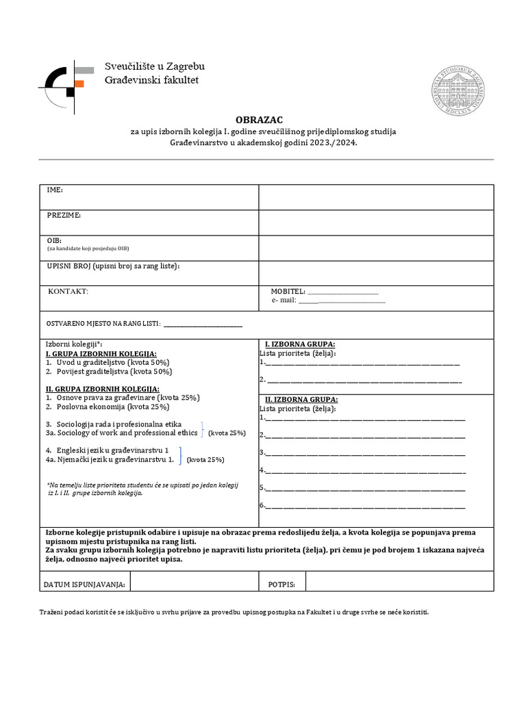 Obrazac - Izborni Predmeti 23-24 | PDF