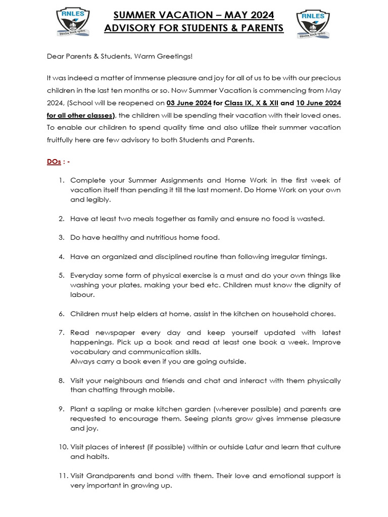 Summer Vacation Advisory - Ay 2024-25 | PDF