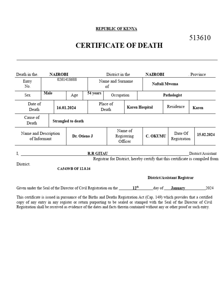 Death Certificate - Naftali | PDF