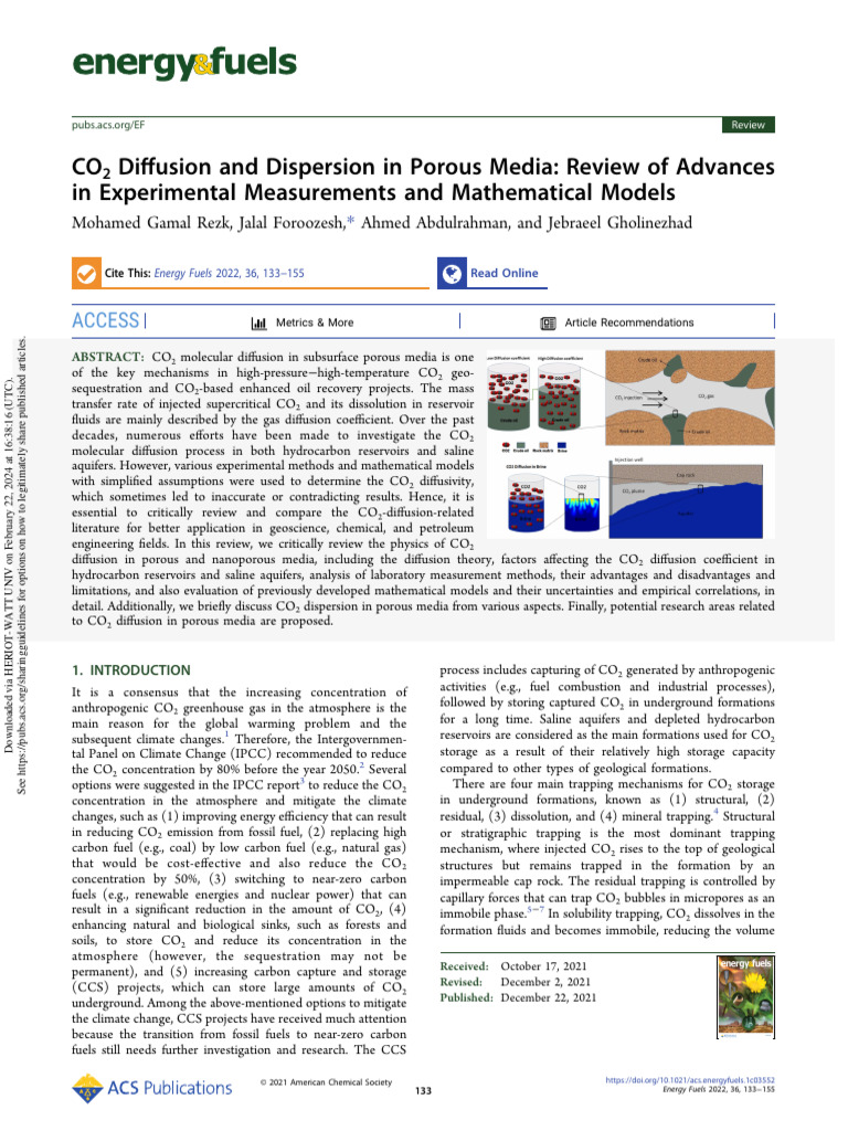 Rezk Et Al 2021 Co2 Diffusion and Dispersion in Porous Media Review of ...