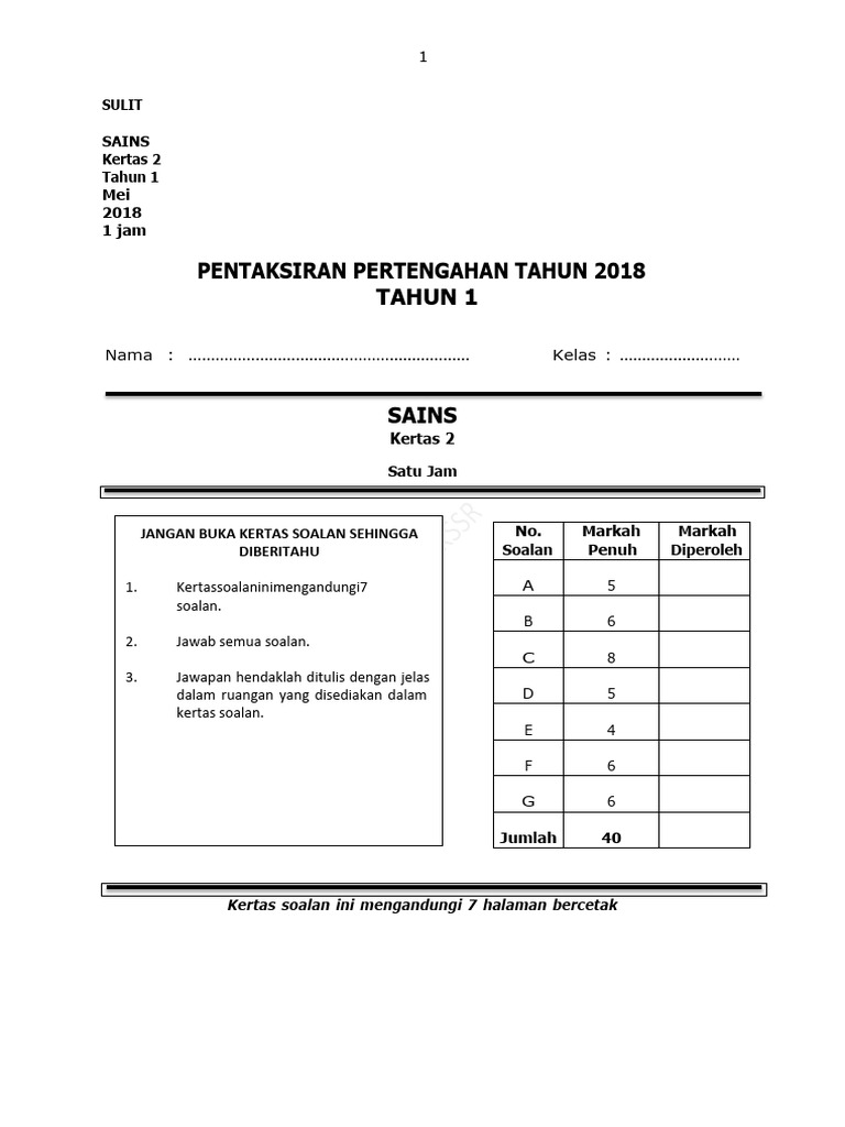 Soalan PPT 2018 - Sains T1 K2 WM | PDF