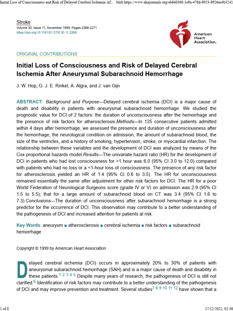 Initial Loss of Consciousness and Risk of Delayed Cerebral Ischemia ...