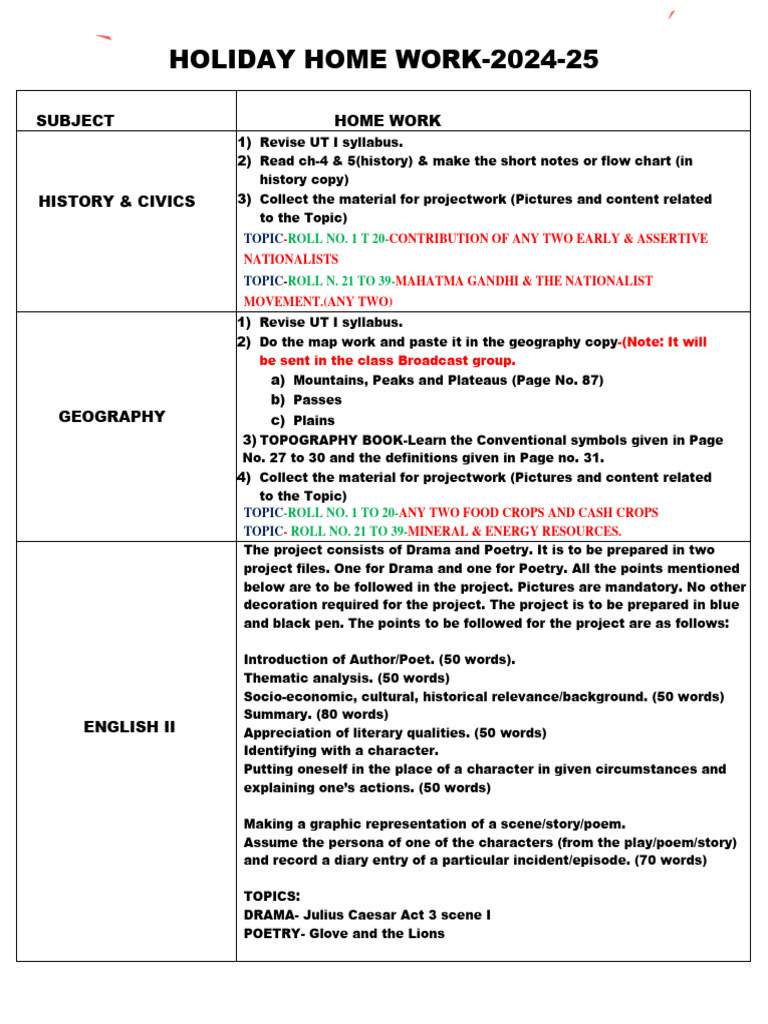 2024-25 Holiday Homework Assignments | PDF