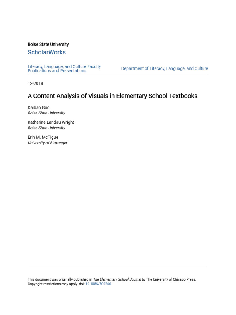 Visual Analysis of Elementary Textbooks | PDF | Statistics | Literacy