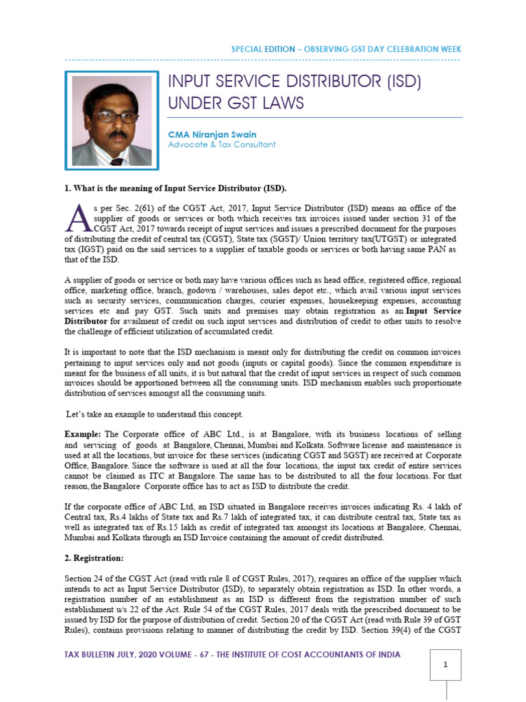 Input Service Distributor (Isd) Under GST Laws: CMA Niranjan Swain | PDF | Taxes | Invoice