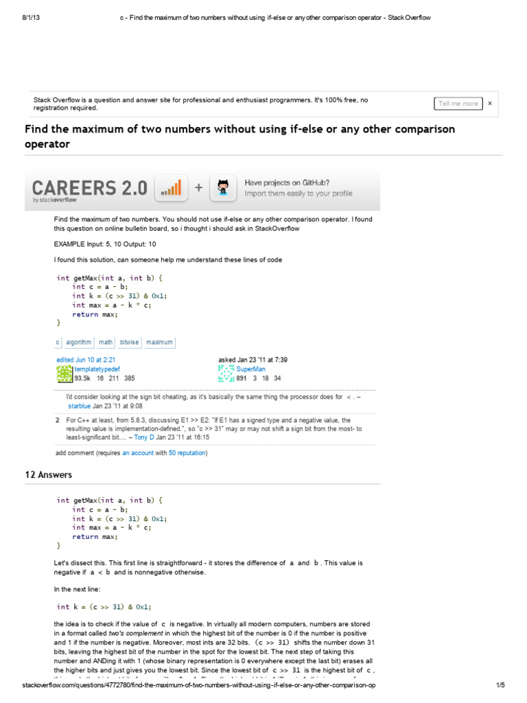 C - Find The Maximum of Two Numbers Without Using If-Else or Any Other ...