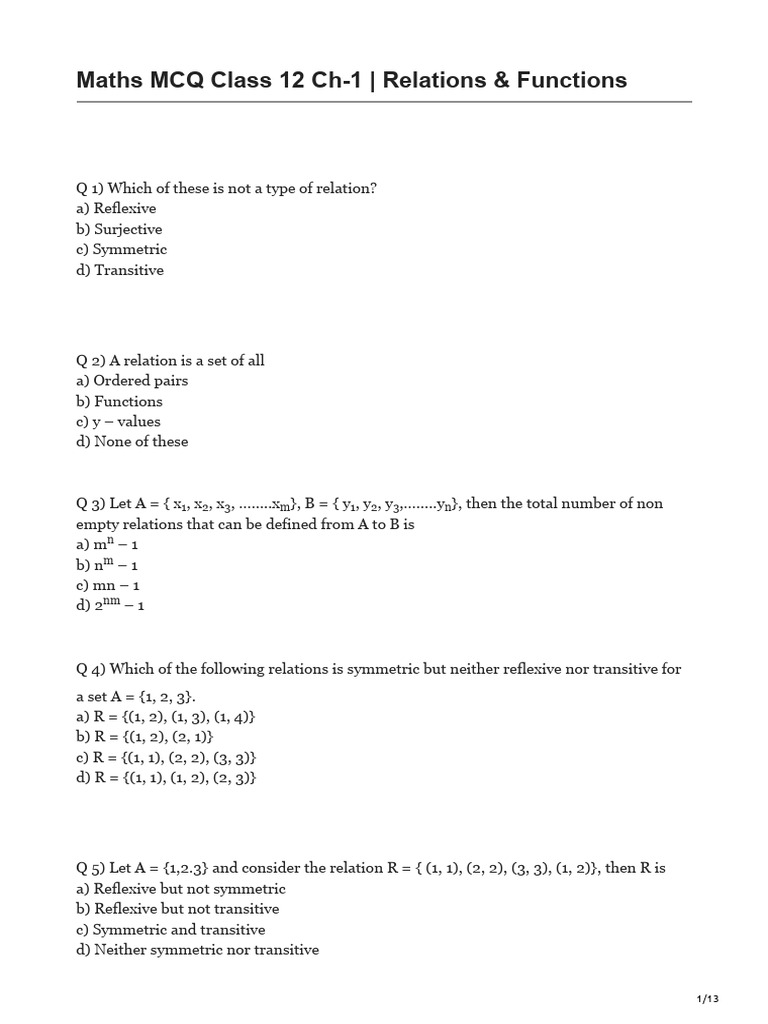 Maths MCQs Class 12: Relations & Functions | PDF | Function (Mathematics) | Mathematics