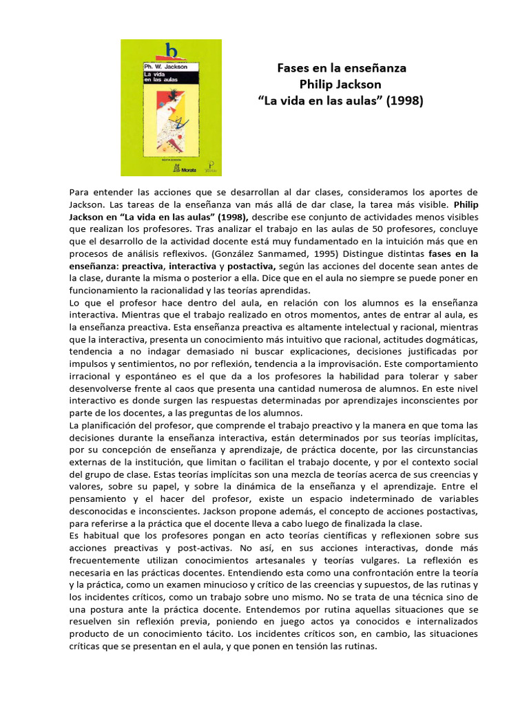 Fases en La Enseñanza - Philip W. Jackson | PDF | Enseñando | Maestros