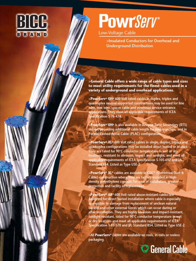 General Cable PowrServ BICC Brand Low Voltage Cable Conductors Overhead Underground Distribution ...