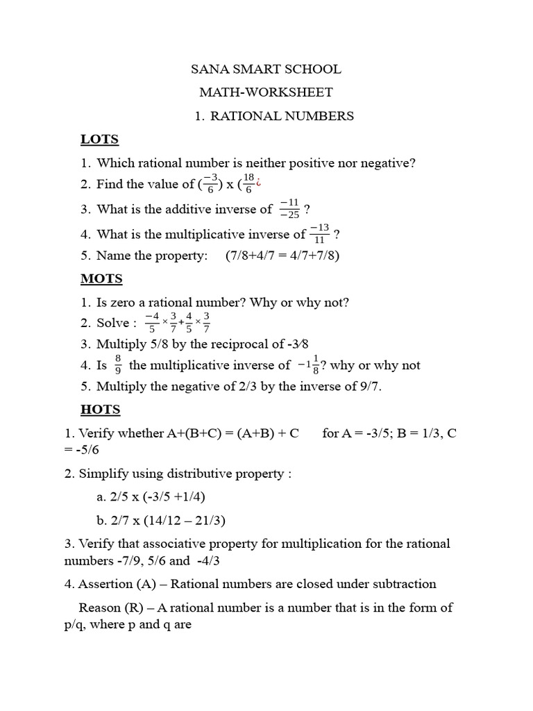 Rational Numbers Math Worksheet | PDF