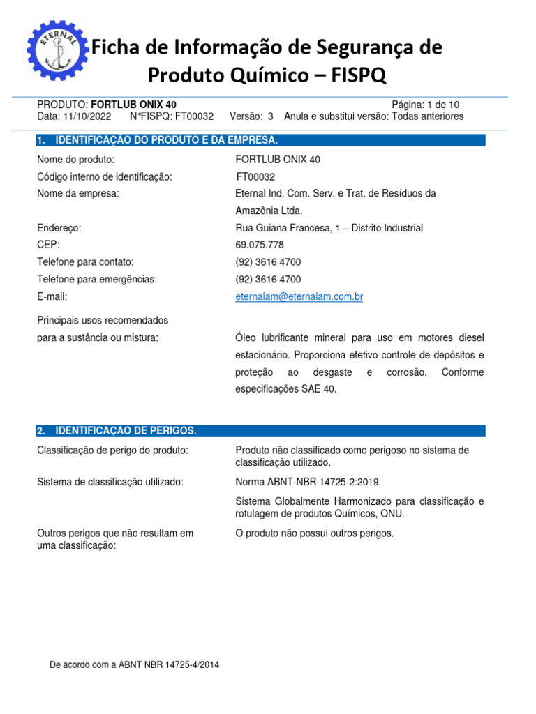 FISPQ do Óleo Lubrificante Fortlub Onix 40 | PDF | Combustão | Química