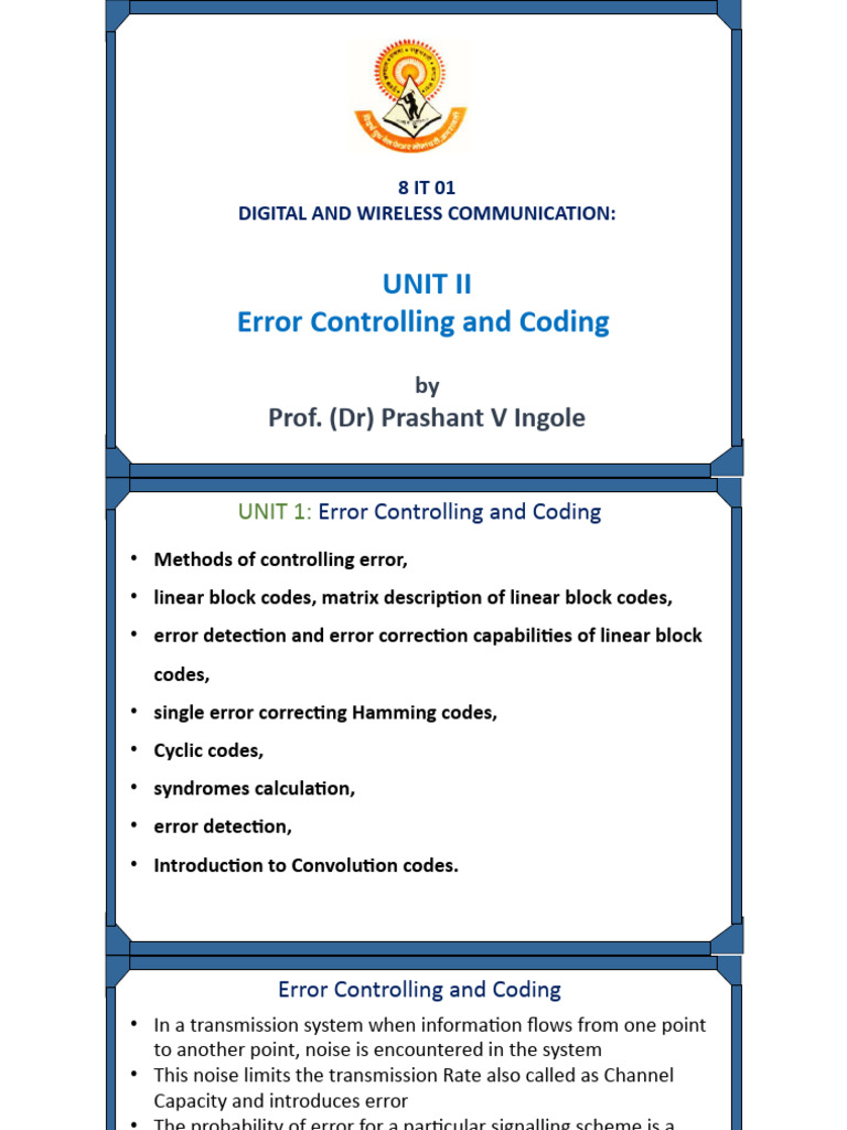 8IT01 UNIT II Error Controling and Coding | PDF | Error Detection And Correction | Discrete ...