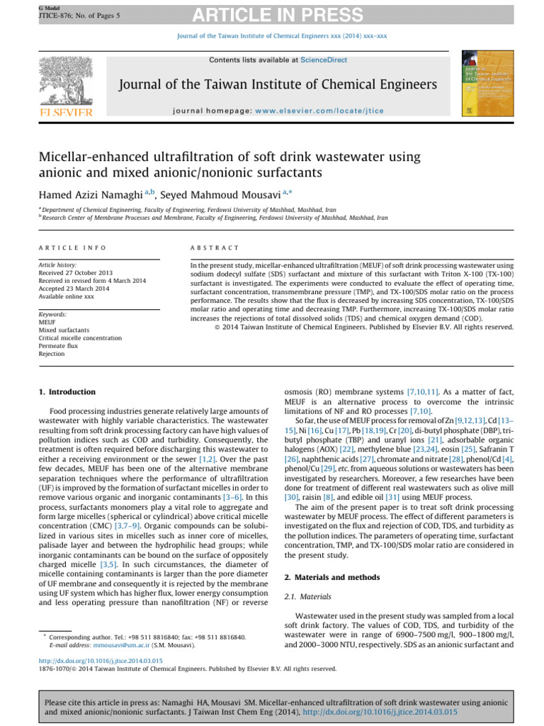 Mixed Micell Turbidity Rejection | PDF | Membrane | Sodium Dodecyl Sulfate