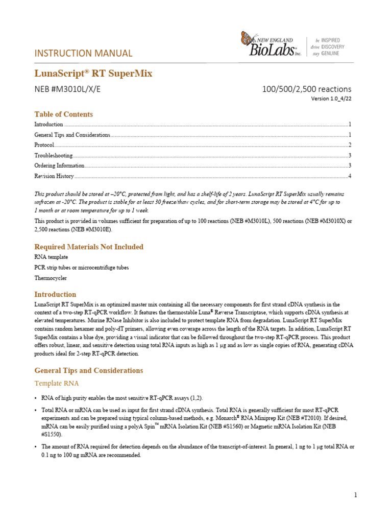1726 - Inserto-Manual Enzima RT LunaScript M3010 | PDF | Complementary ...