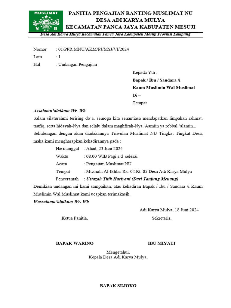 Undangan Pengajian Triwulan Ranting Muslilmat Nu | PDF