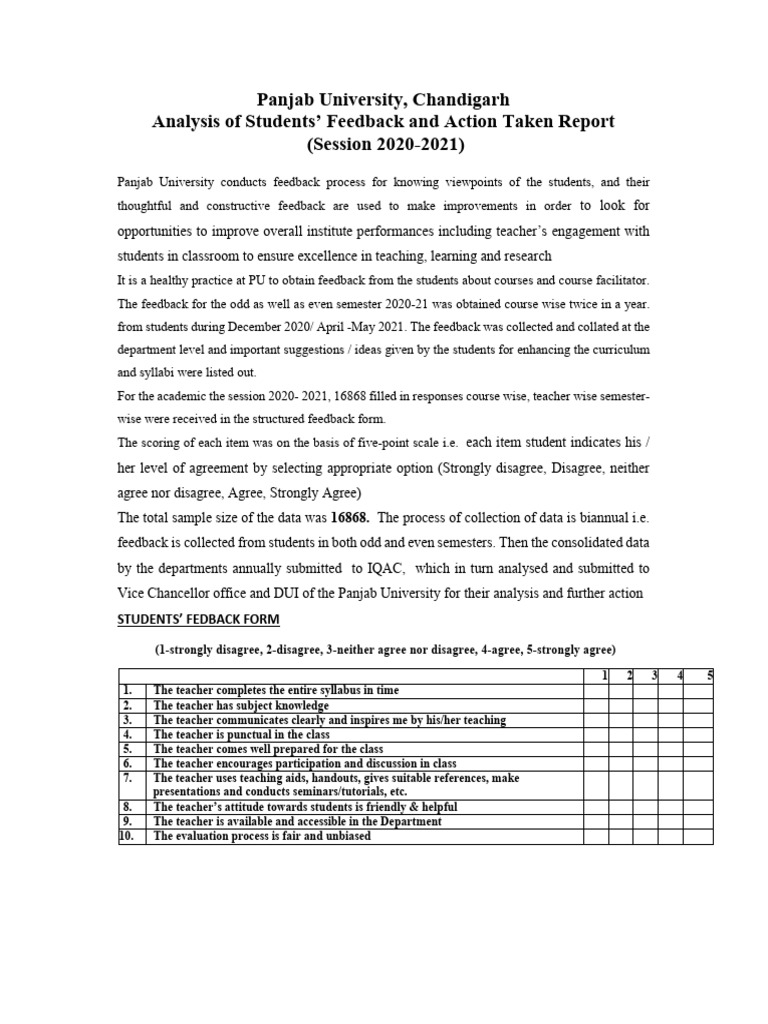 Panjab University, Chandigarh Analysis of Students' Feedback and Action ...