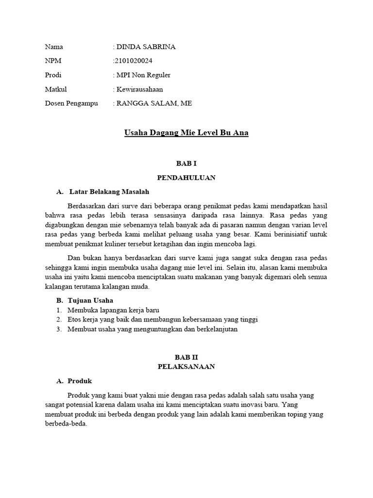 PRoposal Usaha Dagang Mie Level | PDF