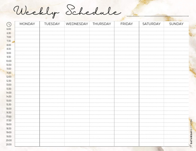 7 Day Week Schedule With Time Slots Gold Aesthetic SaturdayGift | PDF