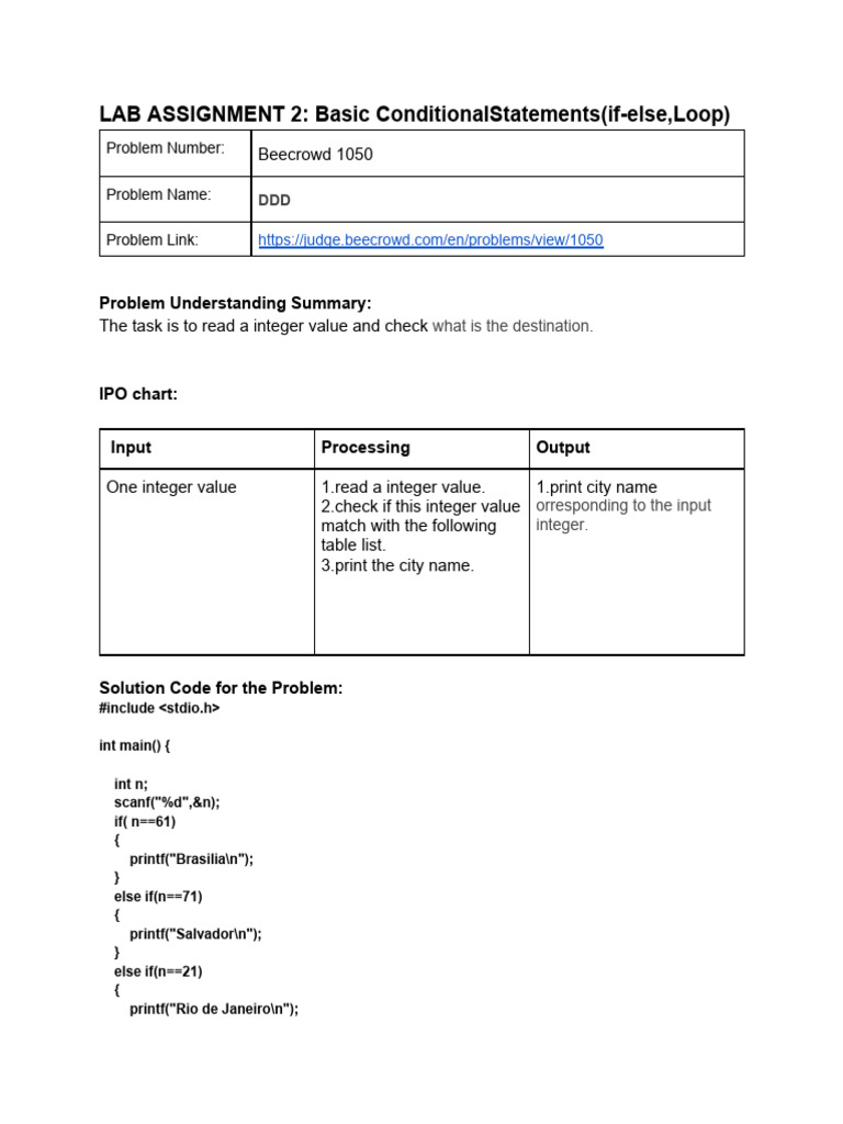 LAB ASSIGNMENT 2 - Basic ConditionalStatements (If-Else, Loop) | PDF | Computer Engineering ...