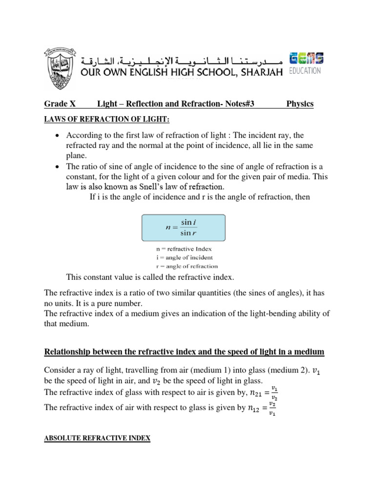 OOS 2023 24 GR10 Light Notes 3 | PDF | Refractive Index | Optics