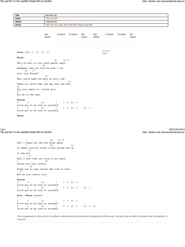 Me and You - by She and Him Ukulele Tabs On UkuTabs | PDF | Song ...