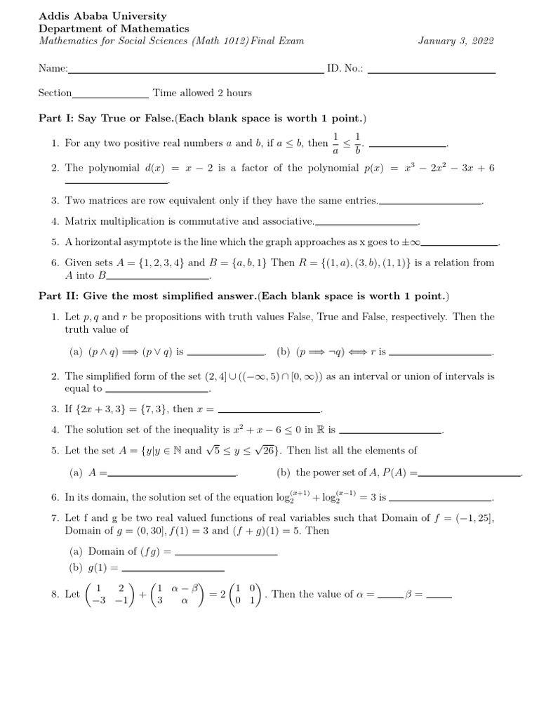 Math 1012 Testnov 2021 Download Free Pdf Matrix Mathematics