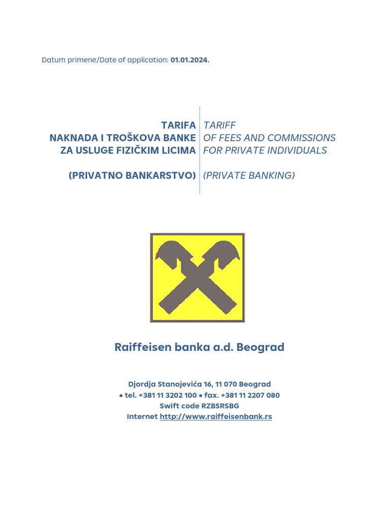 TARIFE Stanovnistvo Privatno Bankarstvo | PDF