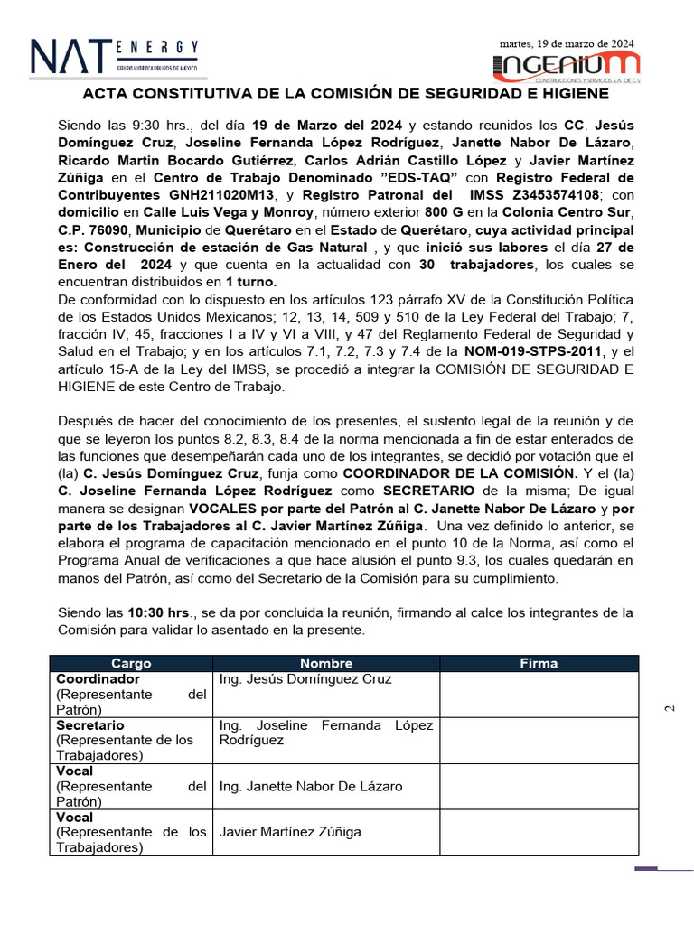 Acta Constitutiva de La Comision de Seguridad e Higiene | PDF