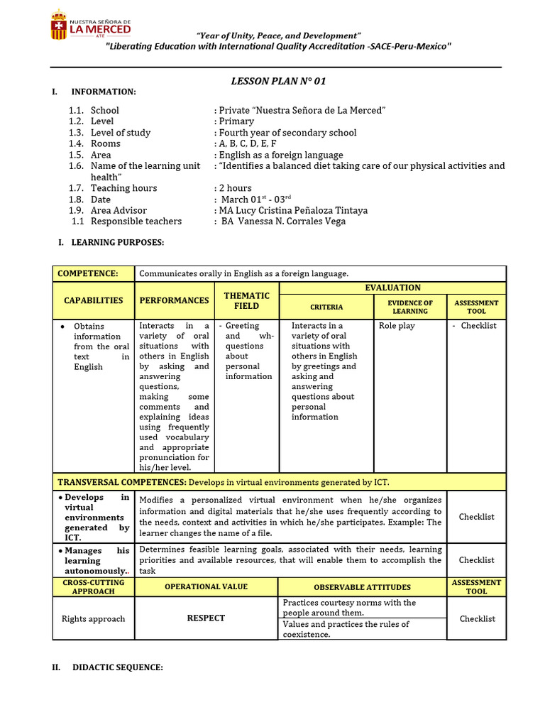 I TERM_LESSON PLAN 01_UNIT 01_5TG GRADE | PDF | Educational Technology | Learning