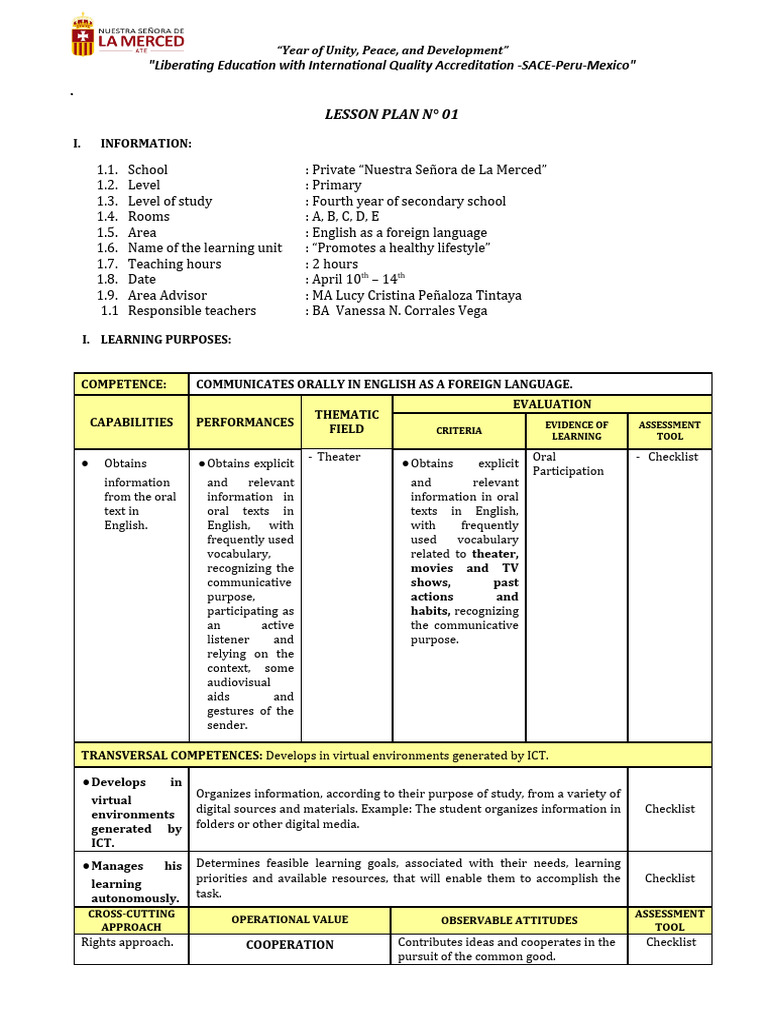 I Term - Lesson Plan 1 Unit 02 - 5TH Grade - Corrales | PDF | Educational Technology | Behavior ...