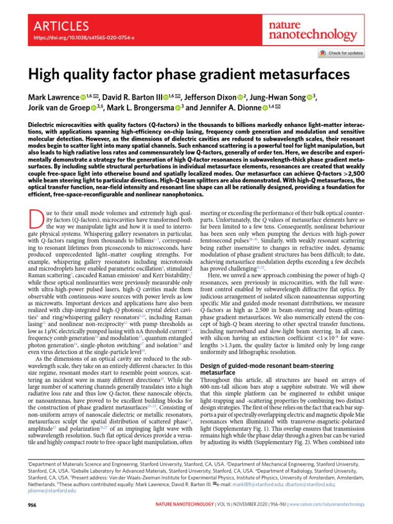High Quality Factor Phase Gradient Metasurfaces: Articles | PDF | Laser | Wavelength