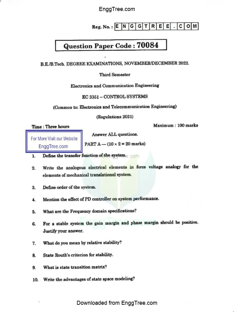 EC3351 Control Systems Nov Dec 2022 Question Paper Download | PDF
