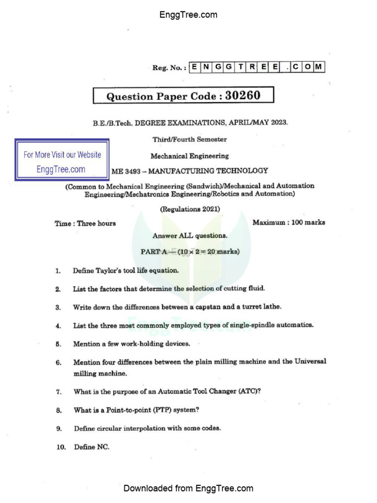 ME3493 Manufacturing Technology Apr May 2023 Question Paper Download ...