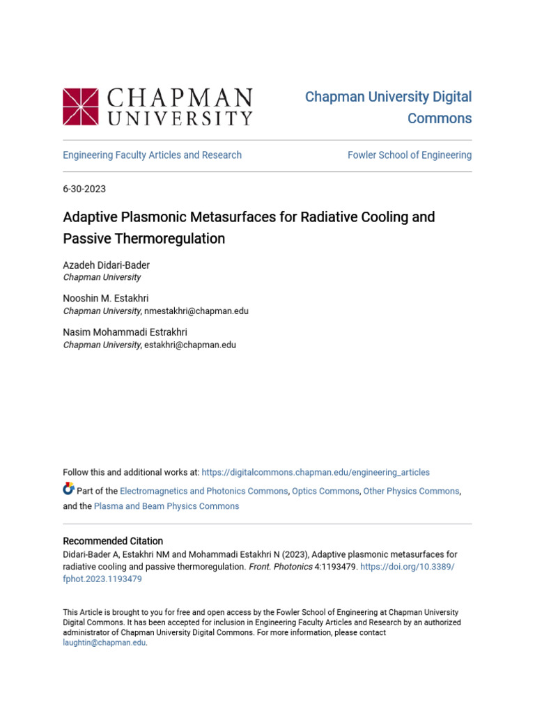Adaptive Plasmonic Metasurfaces For Radiative Cooling and Passive | PDF ...